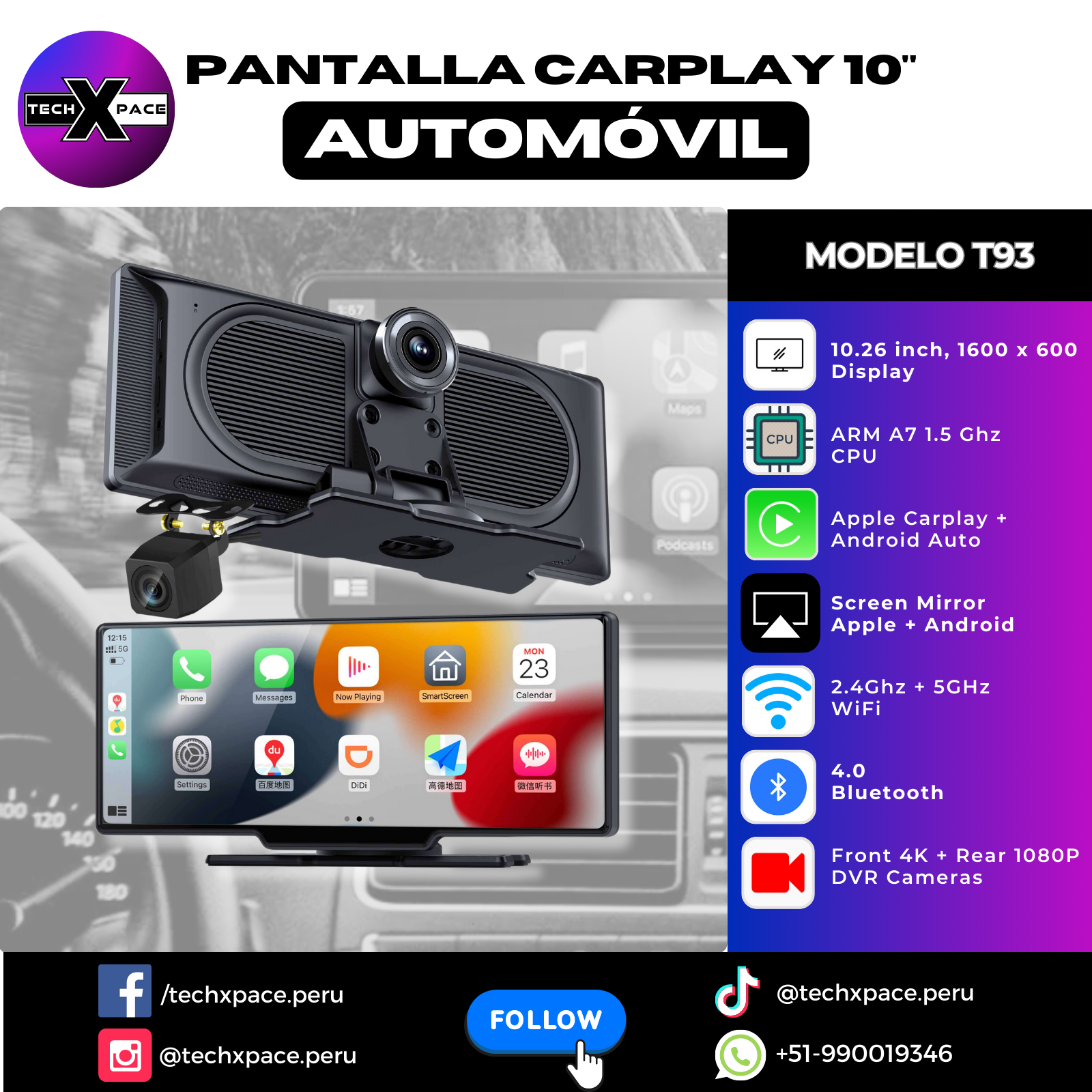 🚗 Pantalla CarPlay de 10 pulgadas (T93) | Universal – techXpace